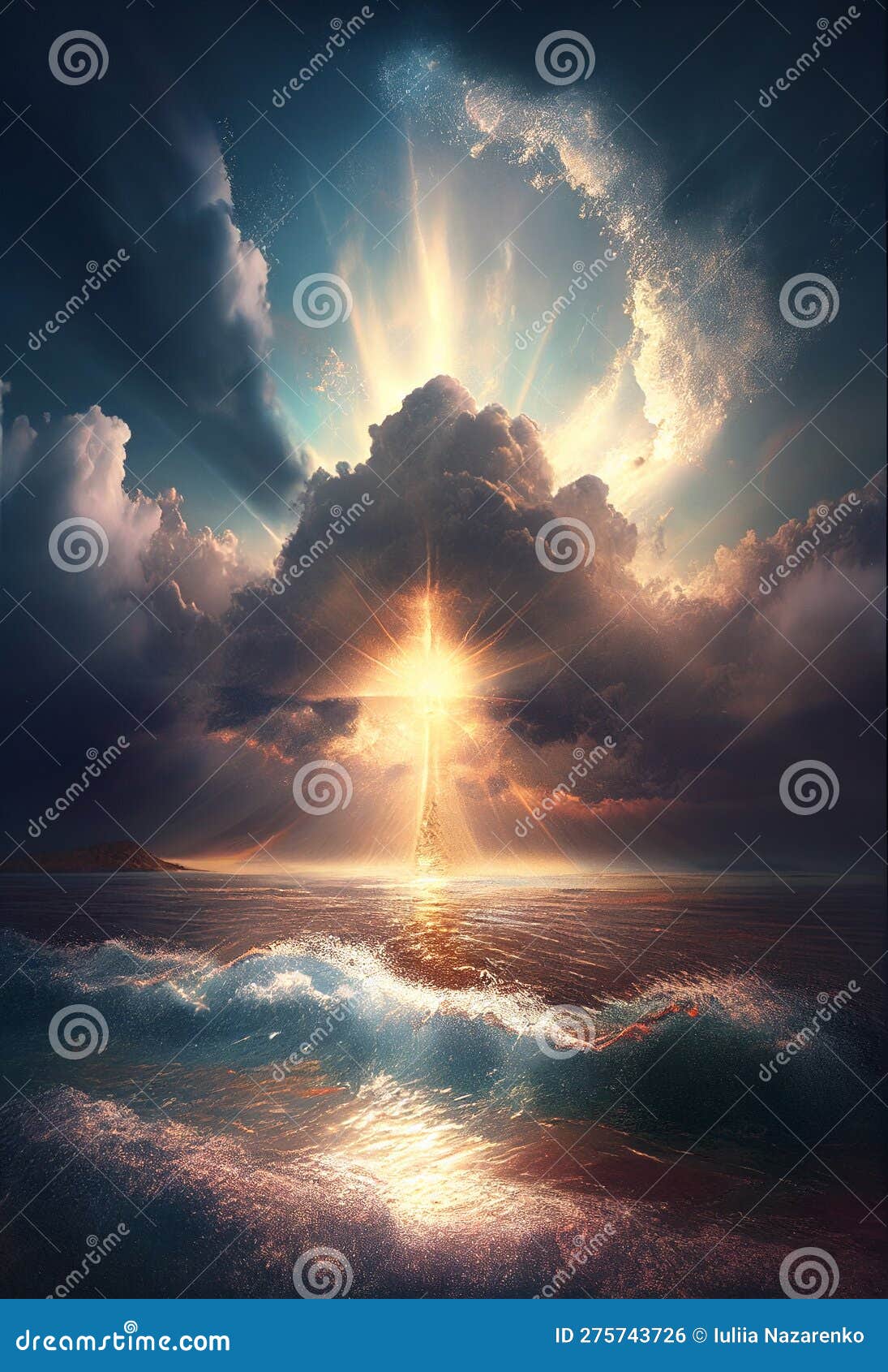 A Beam of Light Breaks through Menacing Clouds at Sunset on the Sea ...