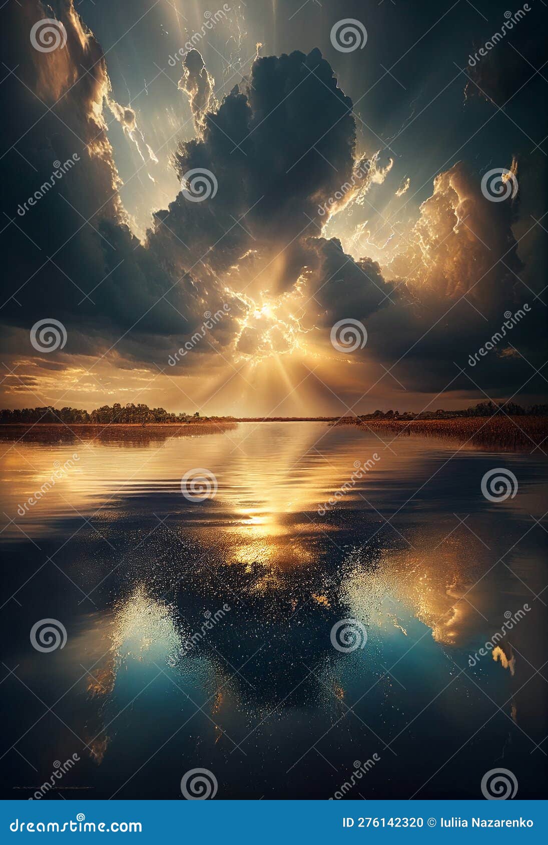 A Beam of Light Breaks through Menacing Clouds at Sunset on the Sea ...