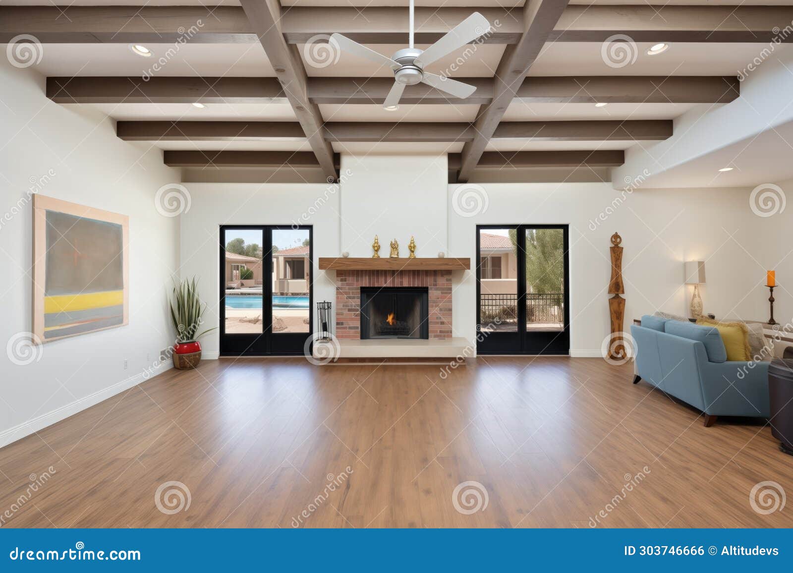 Beamed Ceilings, Kiva Fireplace, Large Windows Stock Photo - Image of ...