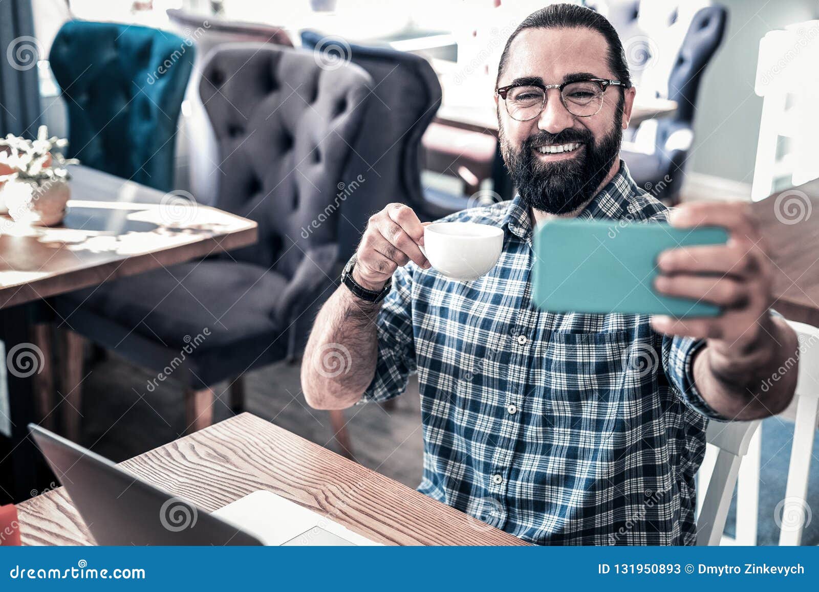 Beaming Bearded Man Feeling Relaxed Making Selfie and Drinking Coffee ...