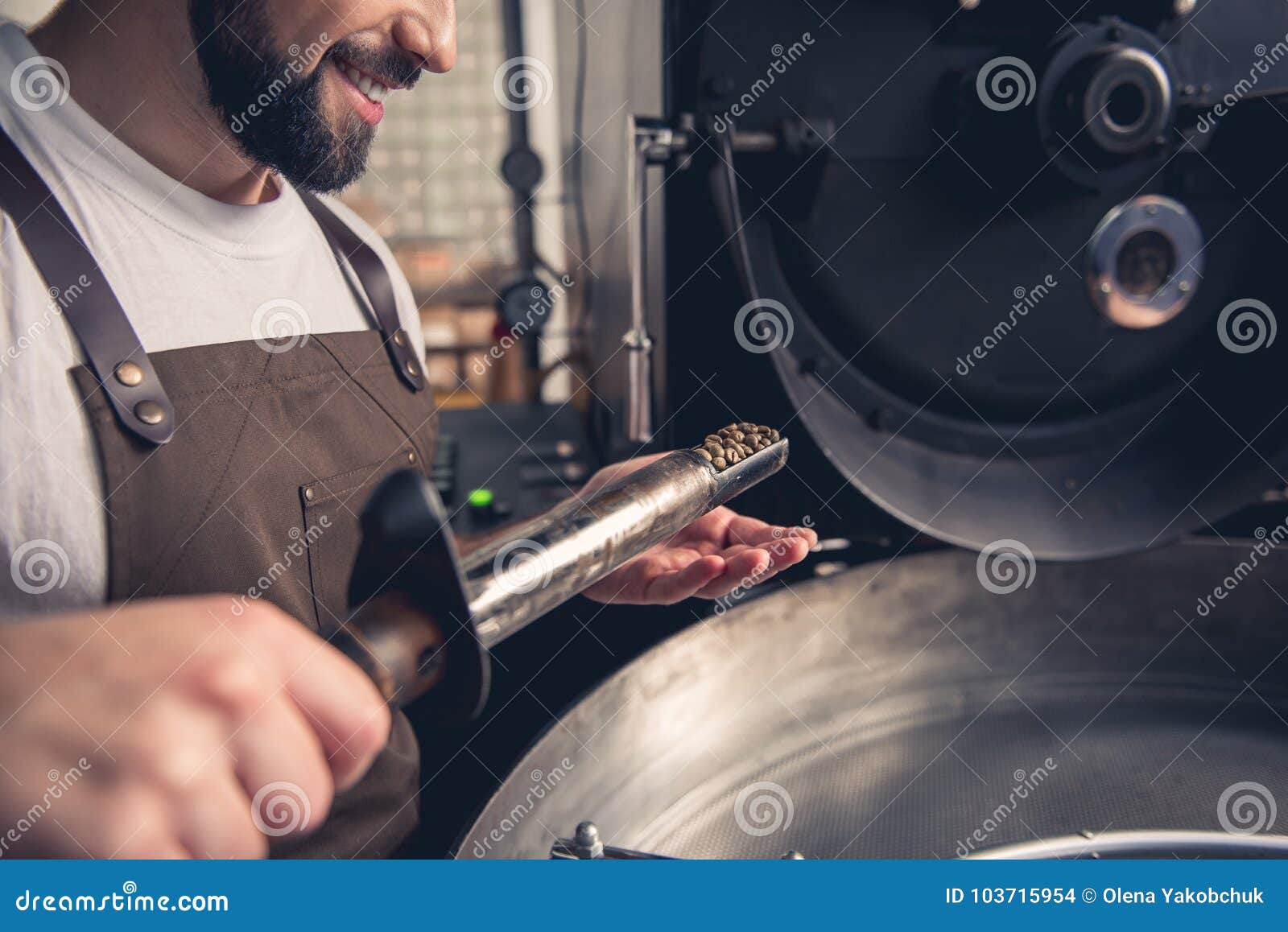 Beaming Bearded Worker Controlling Frying Beans Stock Photo - Image of ...