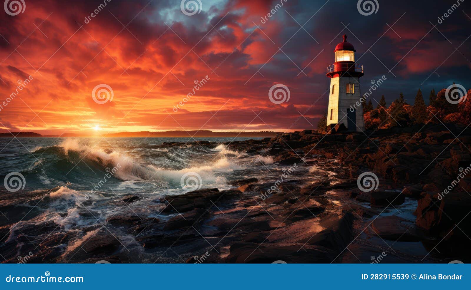 Beaming Lighthouse: Guiding the Night. Created with Generative AI Stock ...