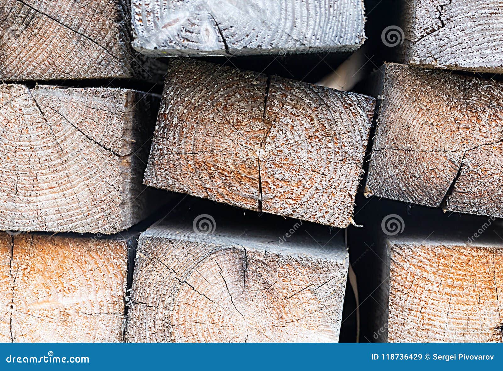 Beams Row of Wooden Rectangular Log Stack Close-up with a Smooth Cut ...