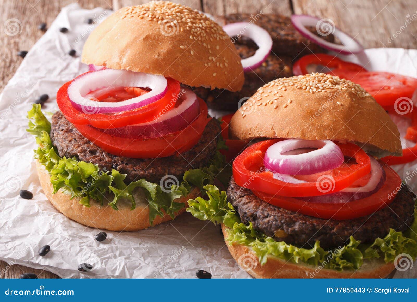 Bean Veggie Burgers with Vegetables Close-up. Horizontal Stock Image ...