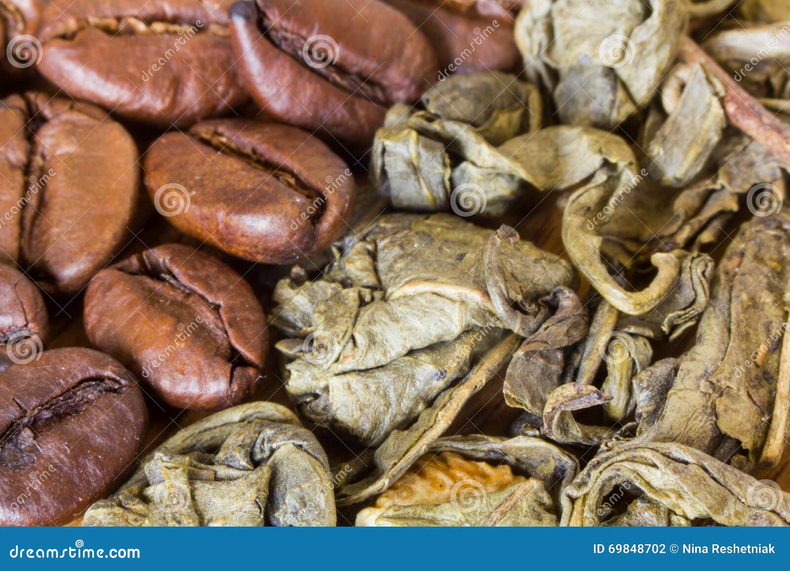 Beans of Black Coffee and Green Tea Leaves Stock Photo - Image of focus ...