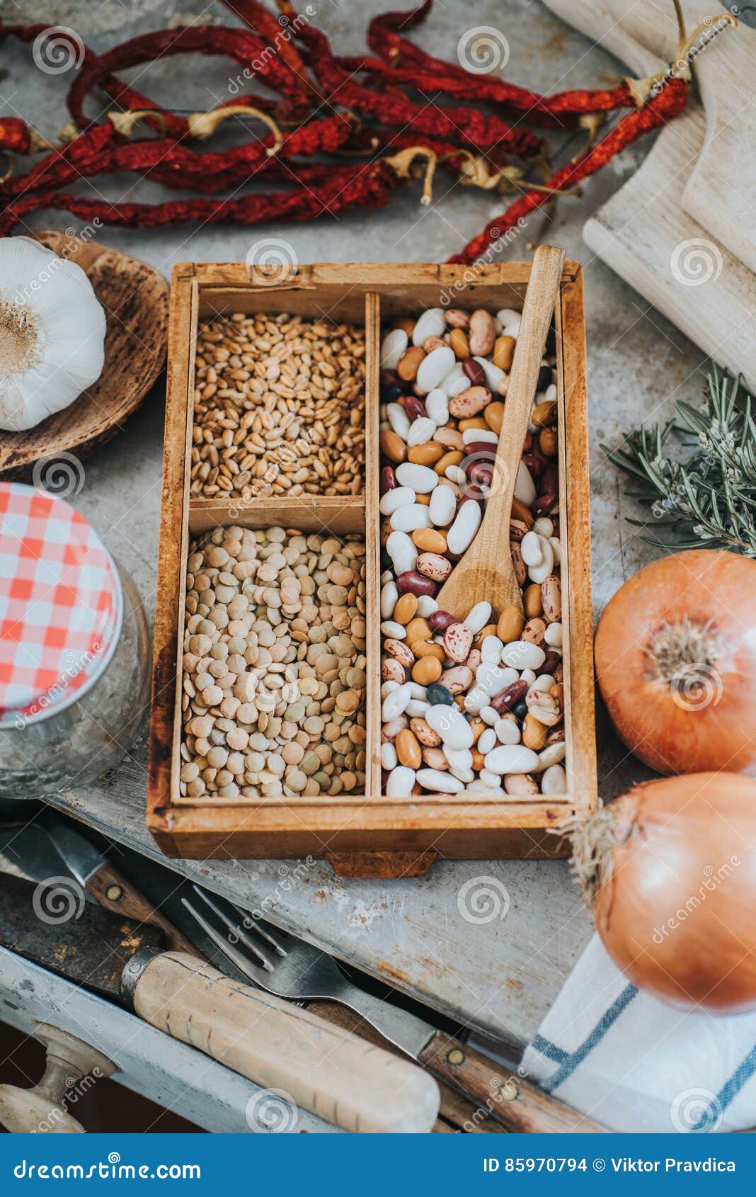 Beans, Grains, Vegetables and Kitchen Utensils Stock Photo - Image of ...