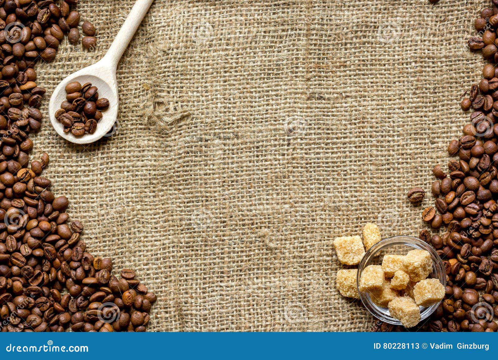 Beans, Ground Coffee and Sugar Cane on Linen Cloth Stock Image - Image ...