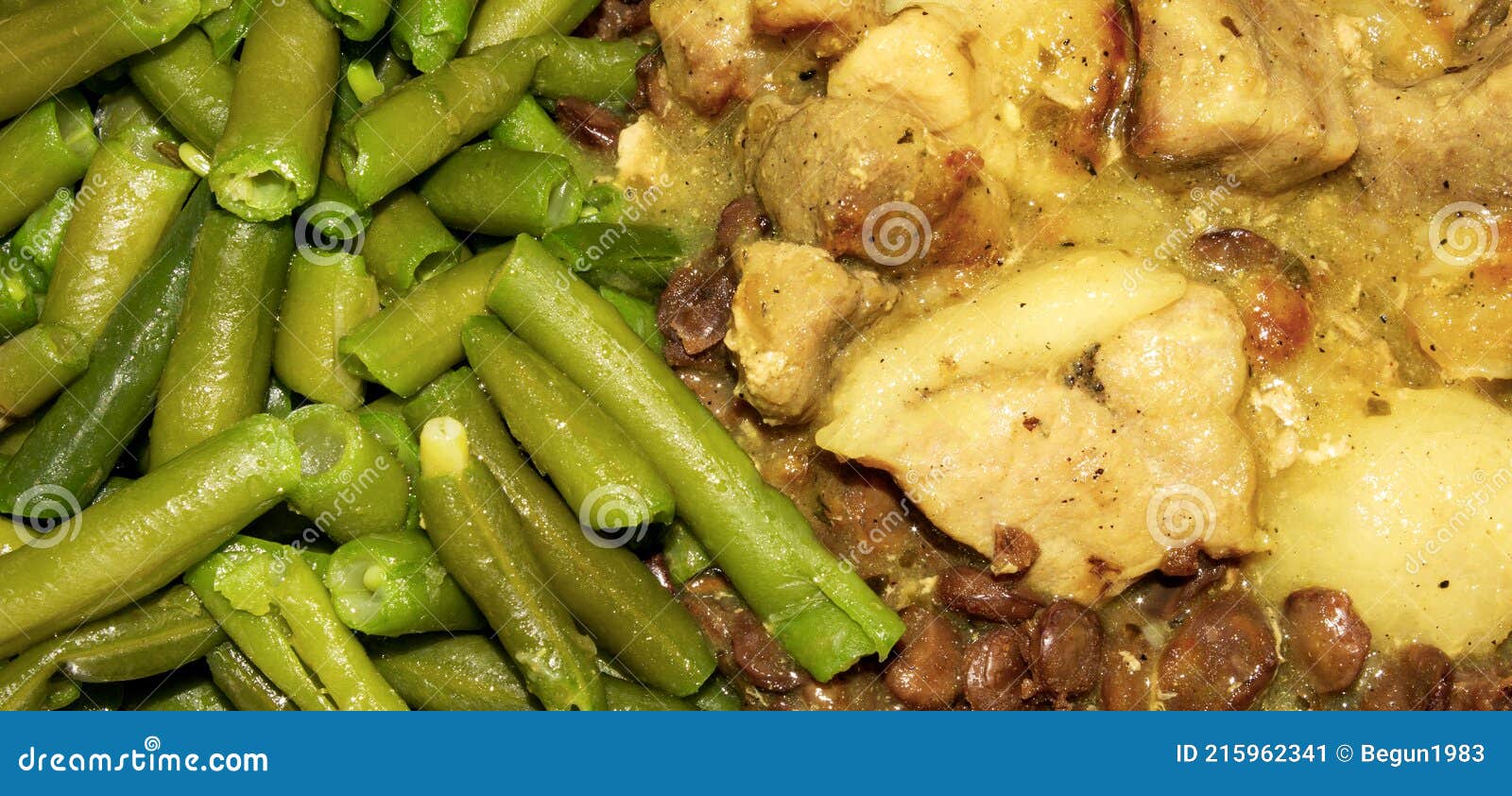 Beans with Meat Dish Top View.Meat with String Beans Background. Stock ...
