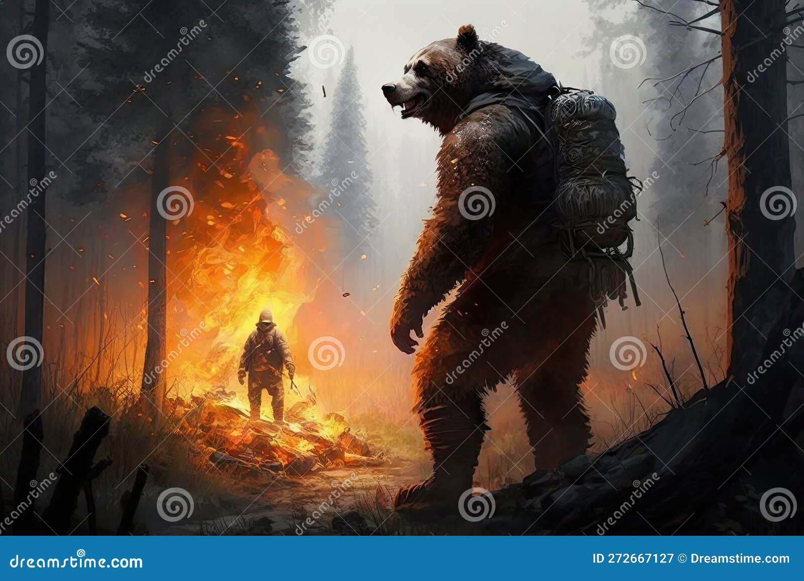 Bear Attacks Hunter, Who is Burning Alive in Forest Fire Stock Image ...