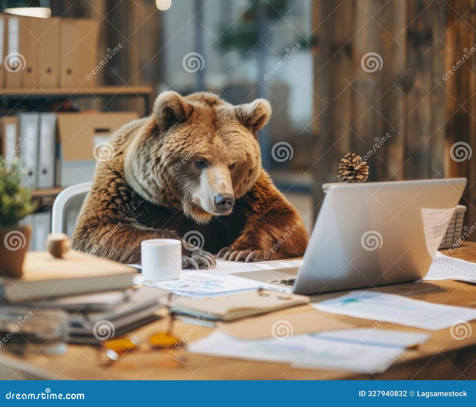 A Bear in Audit Meticulously Working through Spreadsheets on a Laptop ...