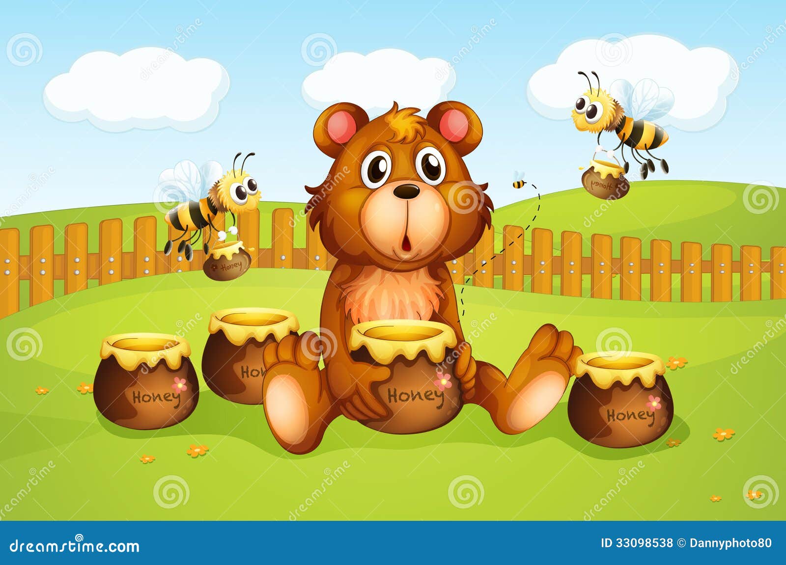 Bear Bees Honey Vector Illustration. Pink And Blue Trees Cloud Rainbow ...