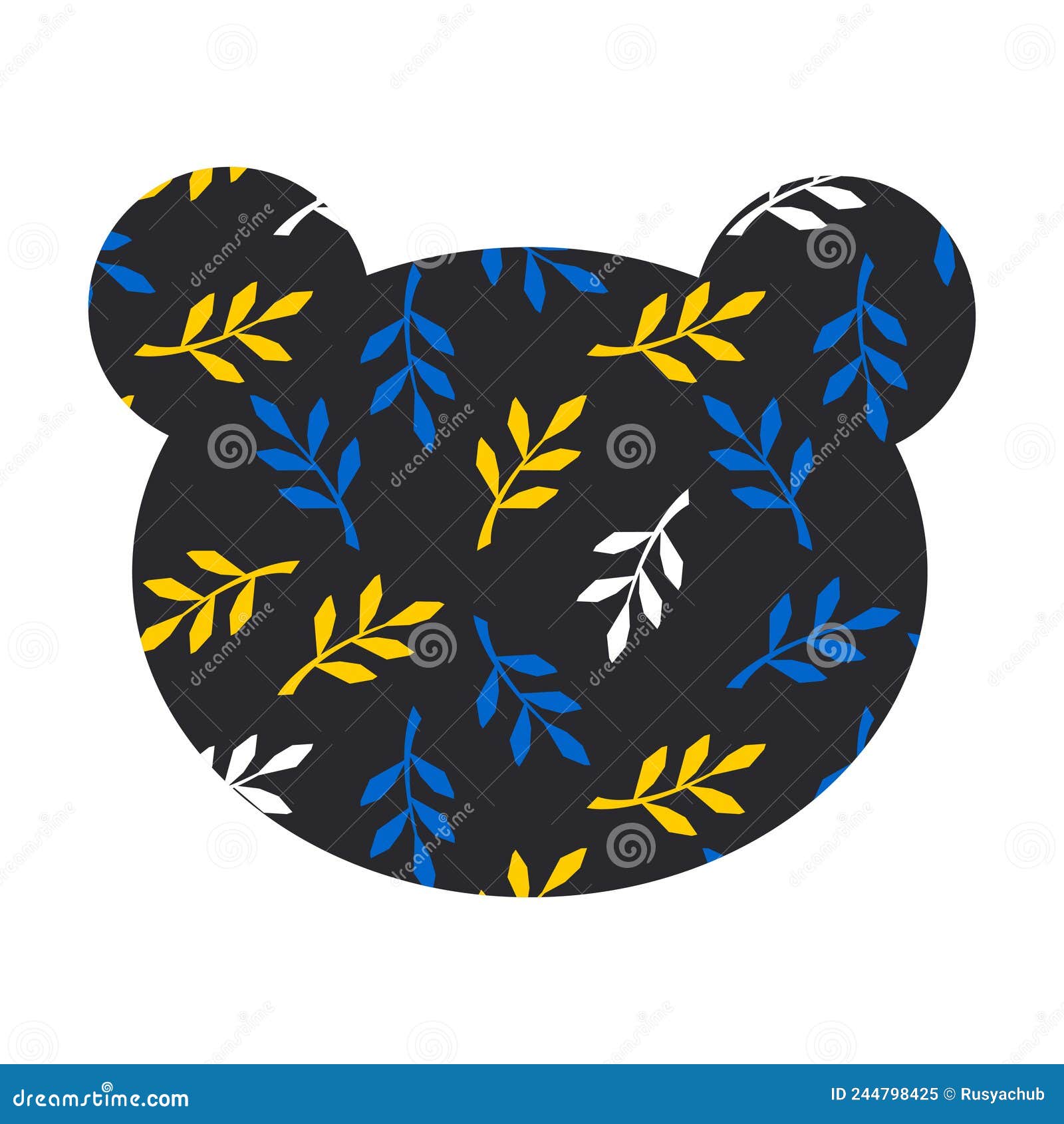 Bear Head with Blue and Yellow Twigs on a Black Background. Cute Spring ...