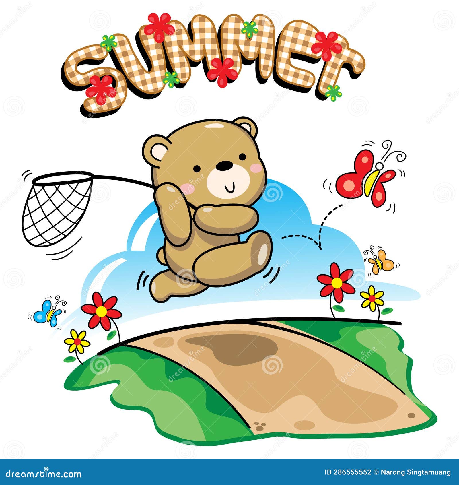 Happy Teddy Bear Catching Butterfly in the Garden. Stock Illustration ...