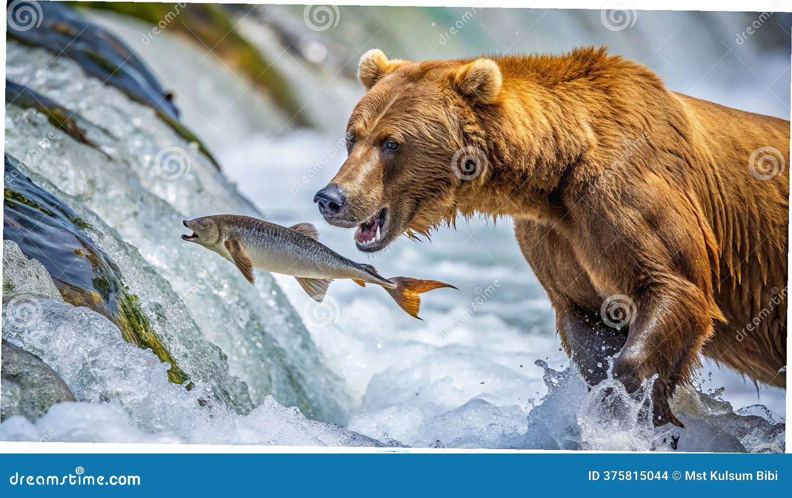 Bear Catching Salmon In River, Leaping Fish As Bear Feasts On Fresh ...