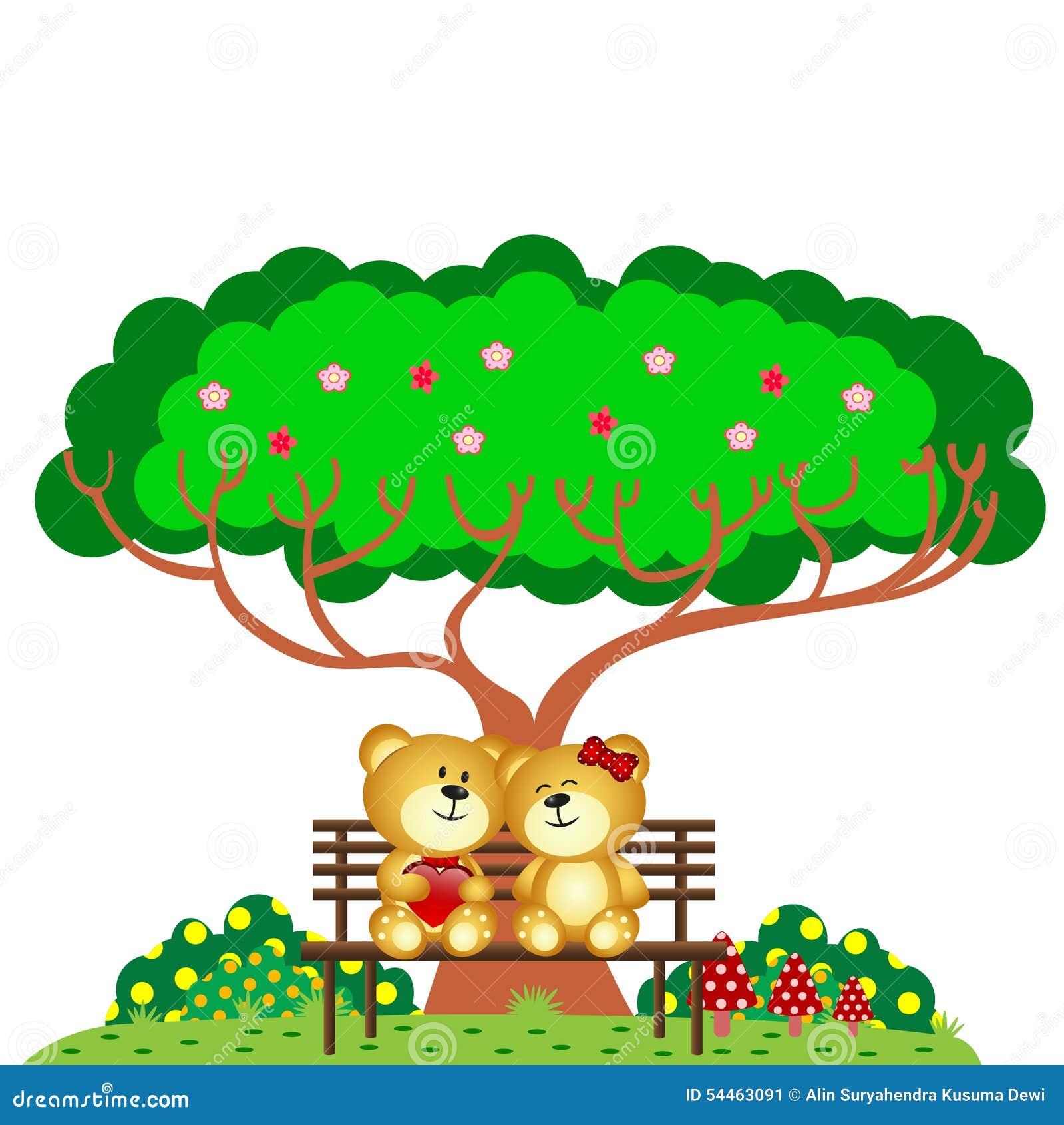 Old Bench Under A Willow Tree By The Lake Cartoon Vector ...