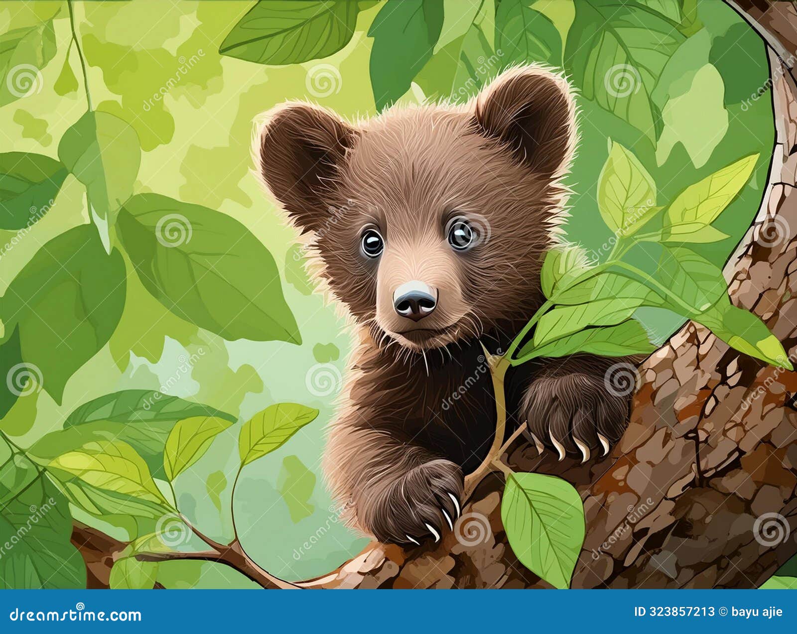 Bear Cub - Climbing a Tree with Green Leaves and Branches. Vector ...