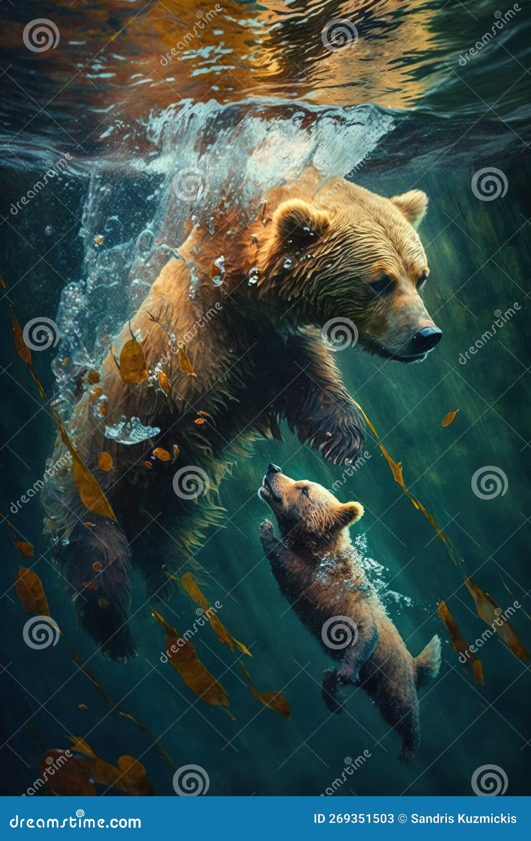 A Bear and Cub Diving into the Water. Generative AI Stock Illustration ...