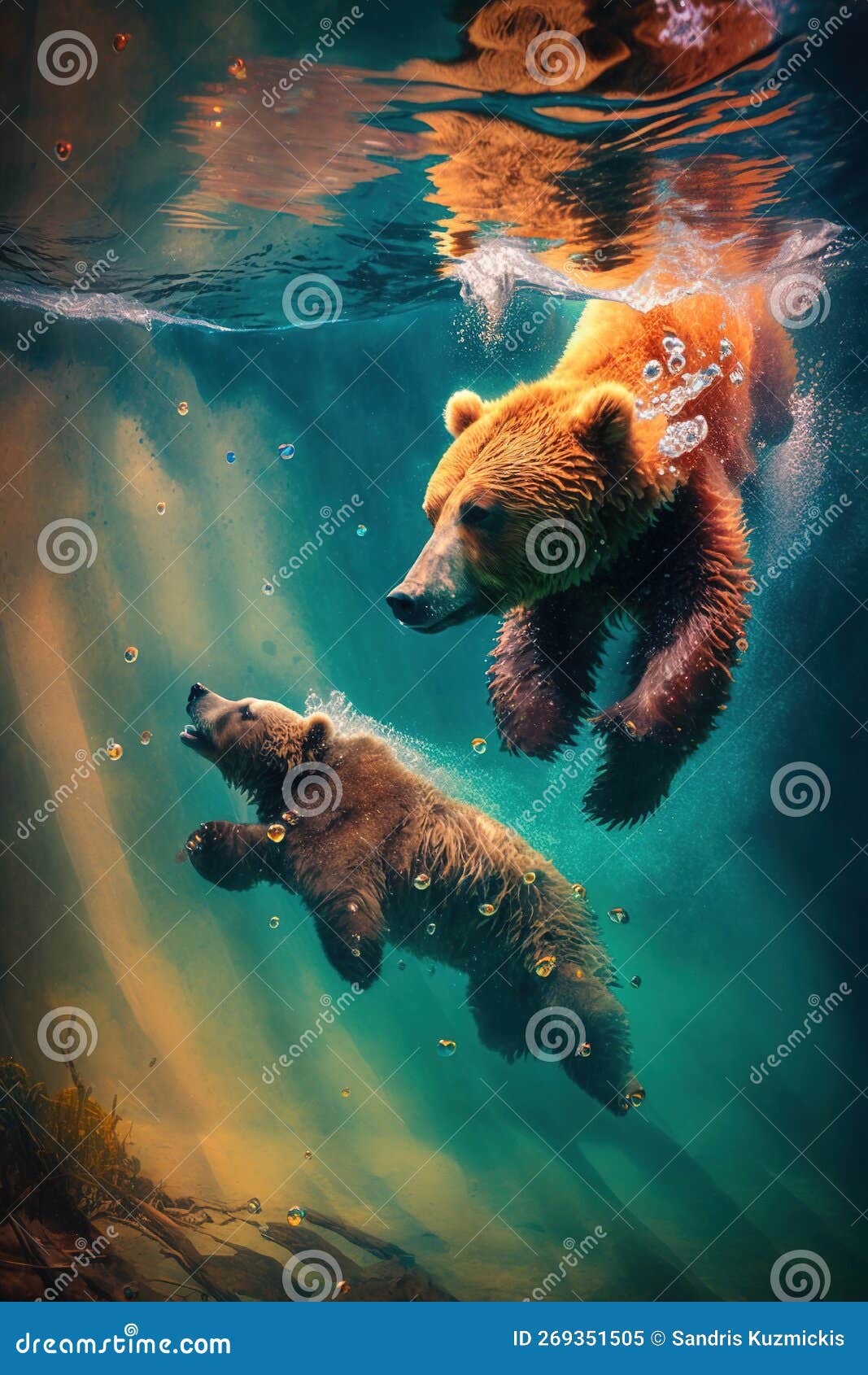 A Bear and Cub Diving into the Water. Generative AI Stock Illustration ...