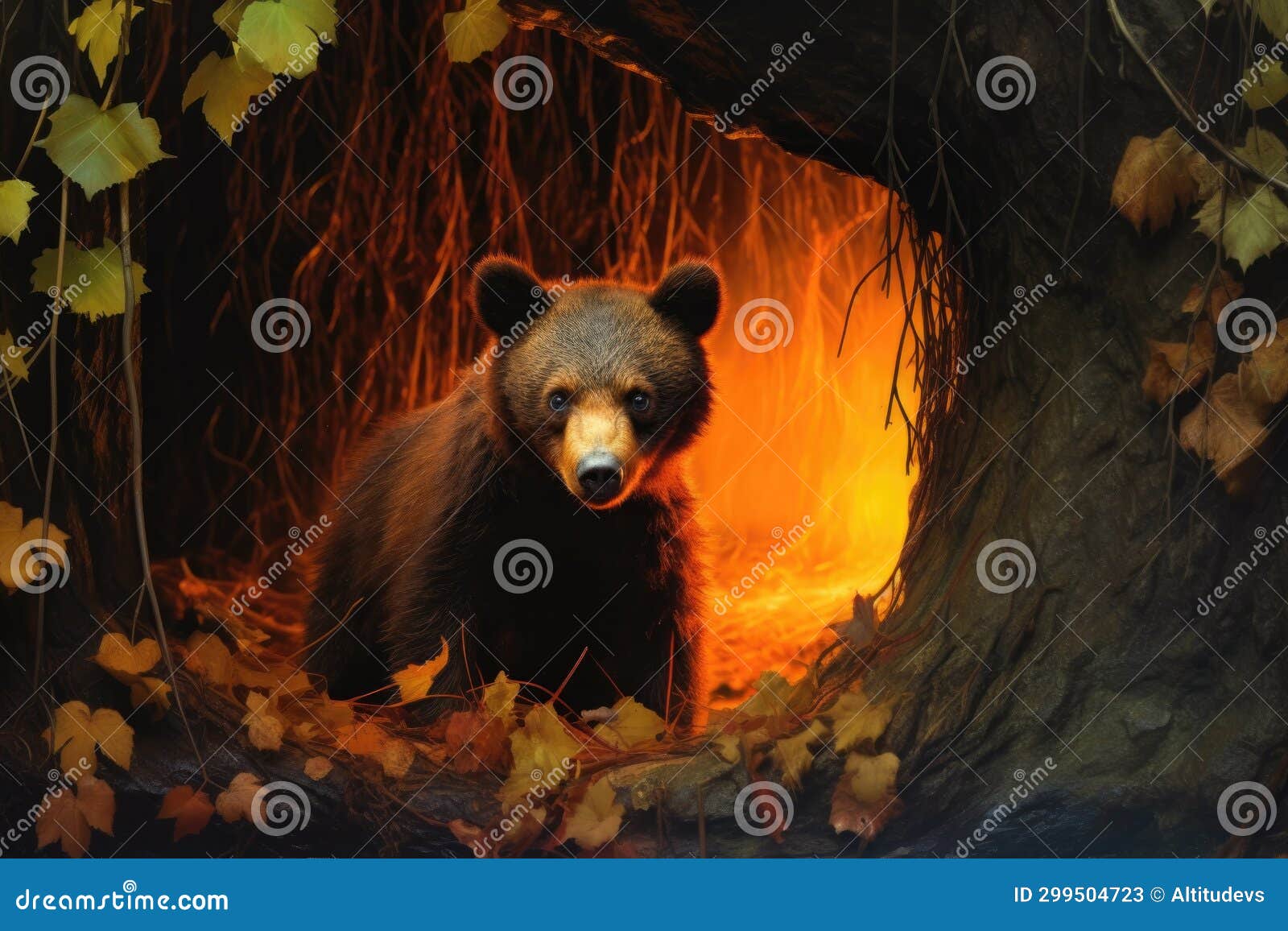 Bear Cub Hiding in a Cave with Fire-lit Forest Visible at the Entrance ...