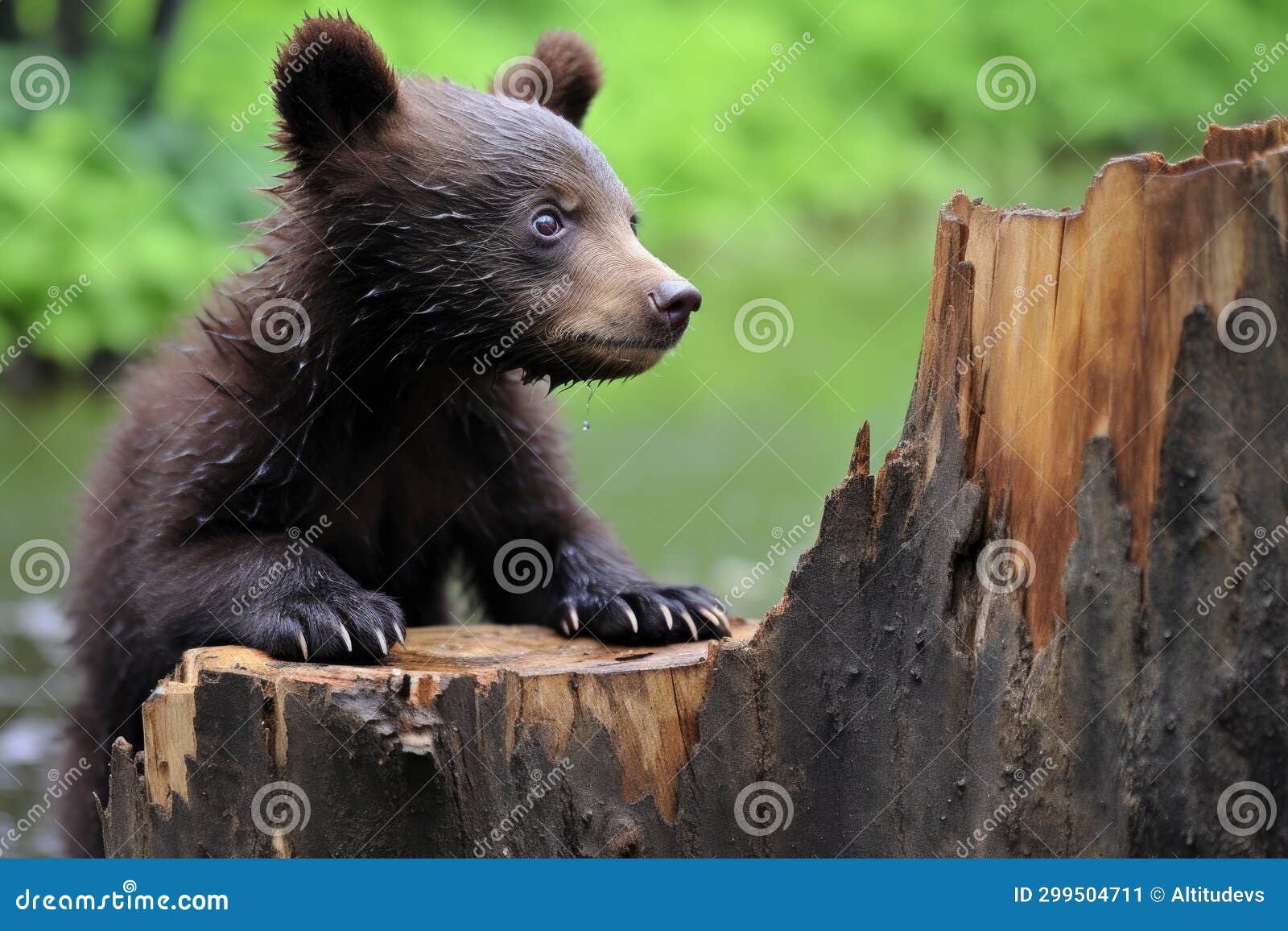Bear Cub Looking Curiously at a Smoldering Tree Stump Stock Image ...