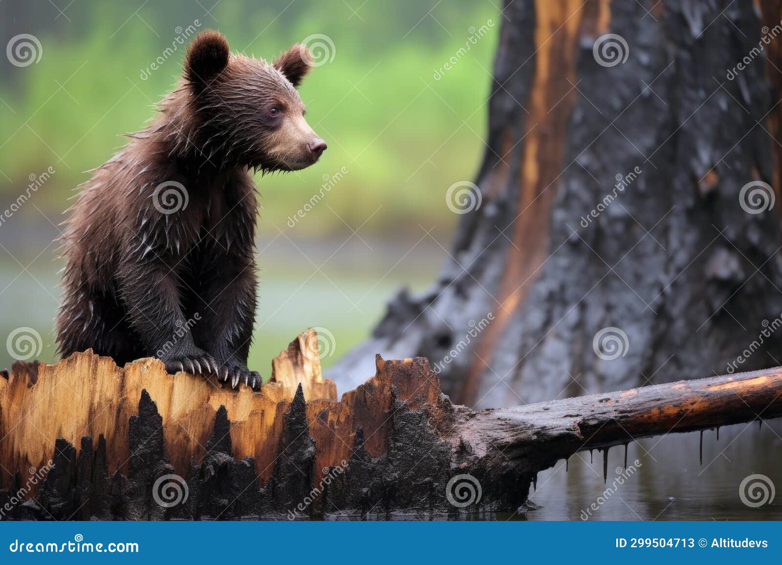 Bear Cub Looking Curiously at a Smoldering Tree Stump Stock Image ...