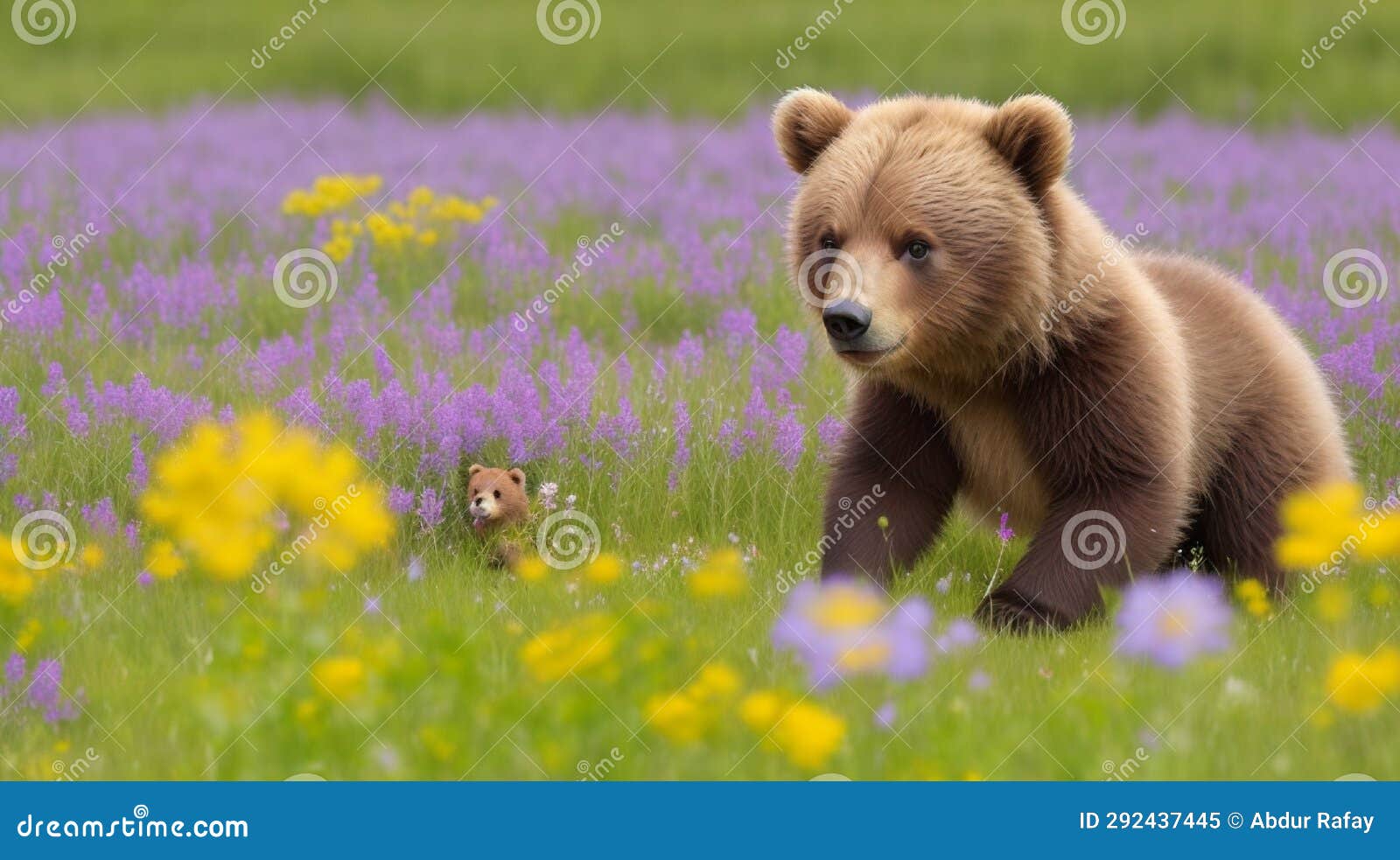 A Bear Cub Playing in a Meadow of Wildflowers. Stock Illustration ...