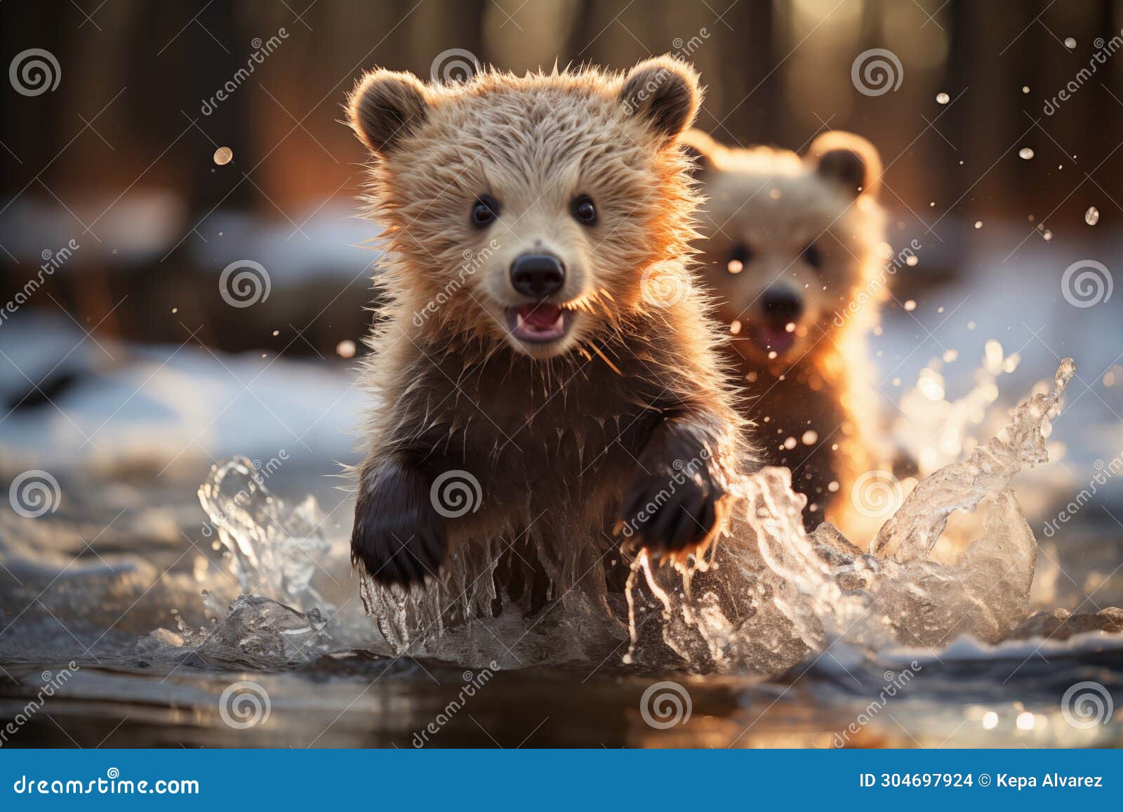 Bear Cubs Frolic Playful Splash in a Puddle Adventure Stock ...