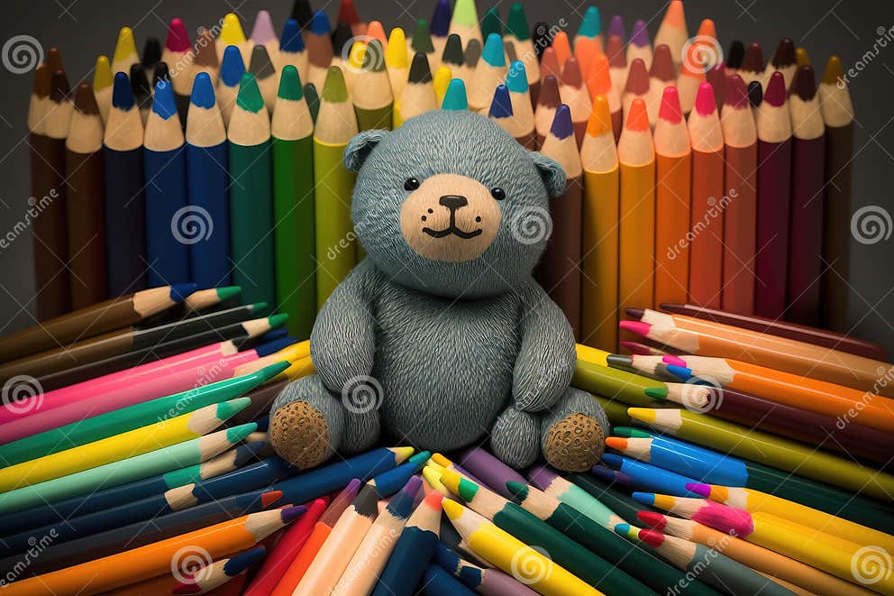 Bear Doll, Surrounded by Collection of Different Colored Crayons Stock ...