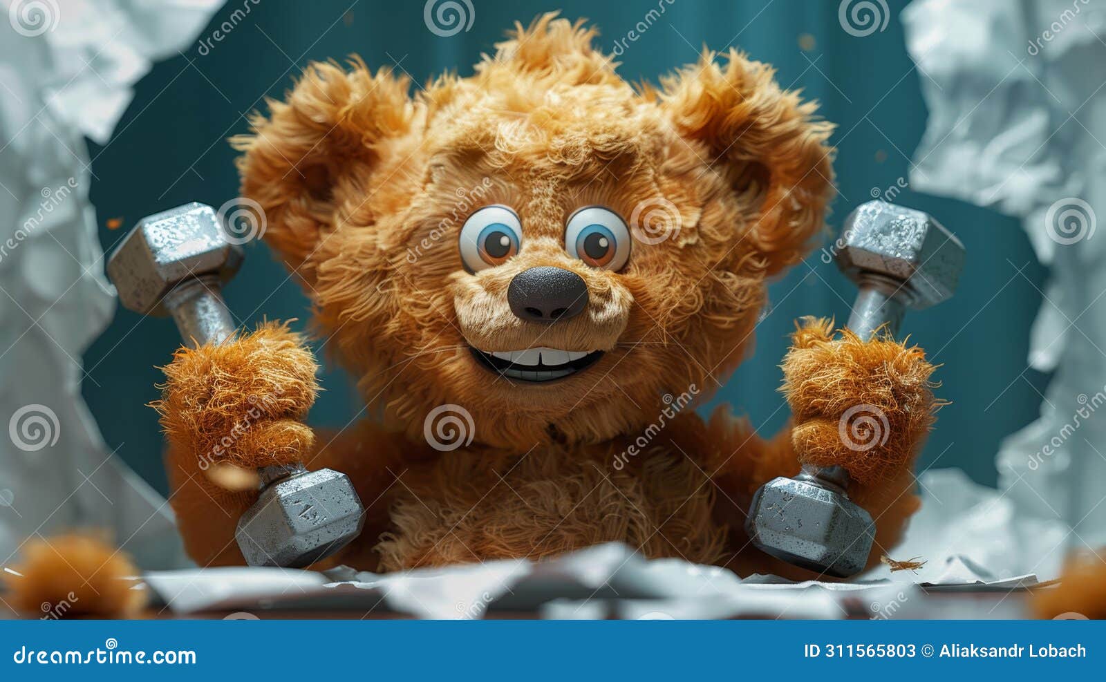 A Bear with Dumbbells Breaks through the Torn Paper. 3d Illustration ...