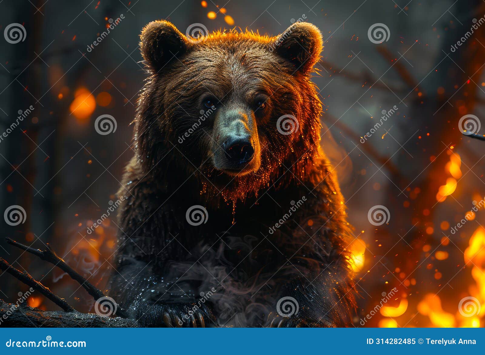 A Bear in the Fire Standing on a Branch Stock Image - Image of wildlife ...