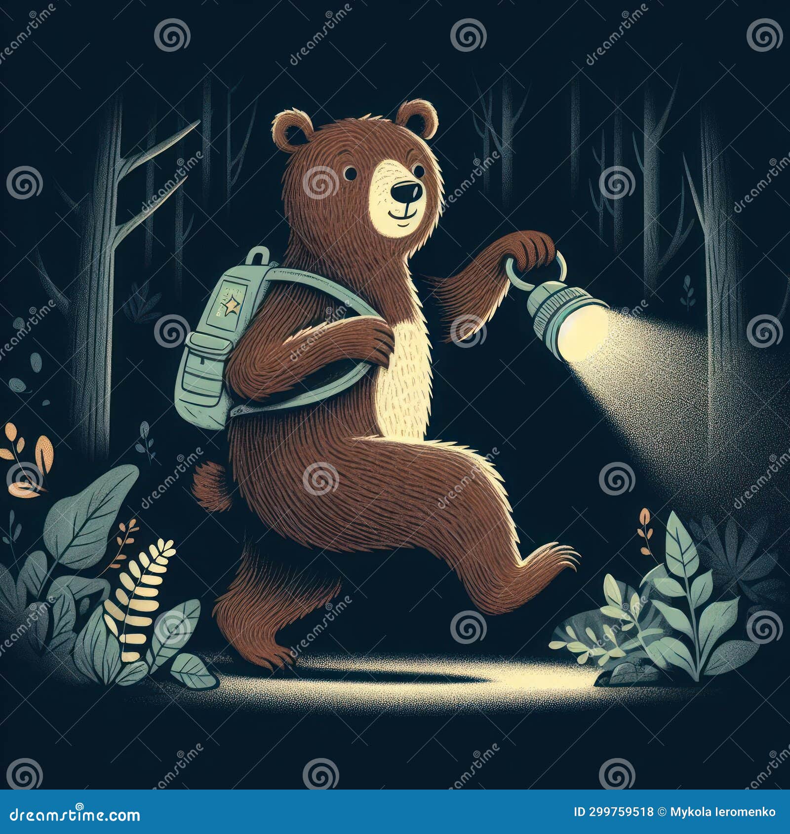 A Bear with a Flashlight Walks through a Dark Forest. Stock Photo ...