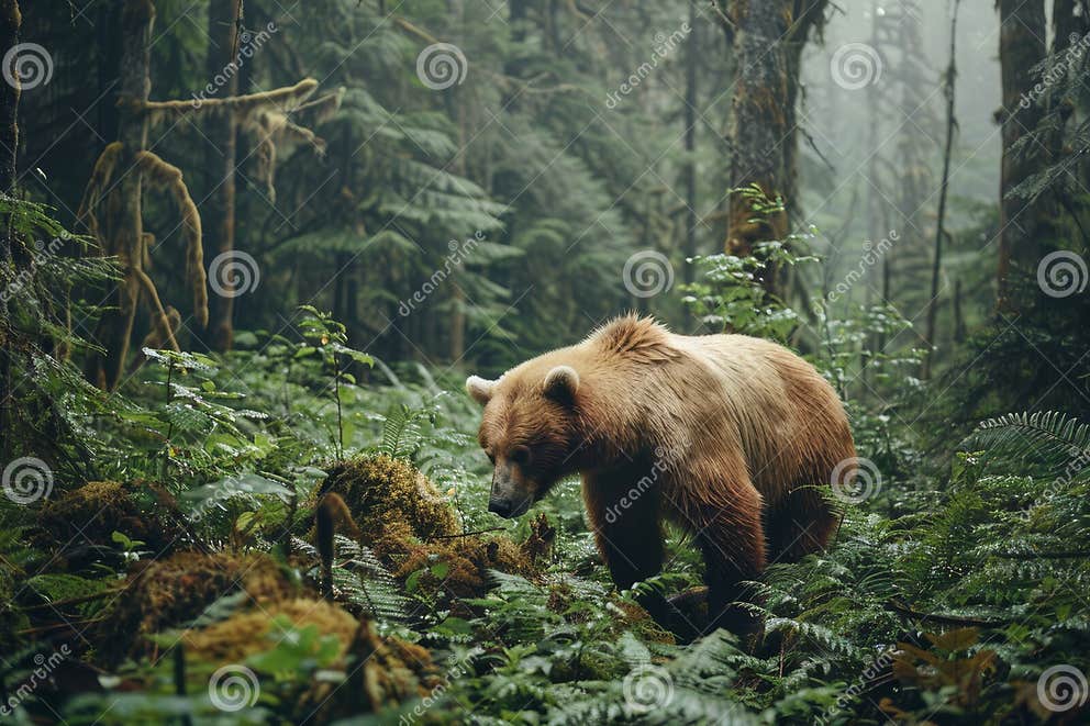A Bear Foraging for Berries in a Dense Forest, Surrounded by Lush ...