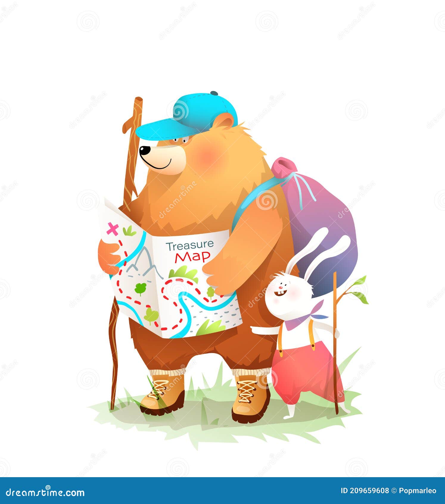 Bear and Hare Friends Camper Hiking with Map Stock Vector ...