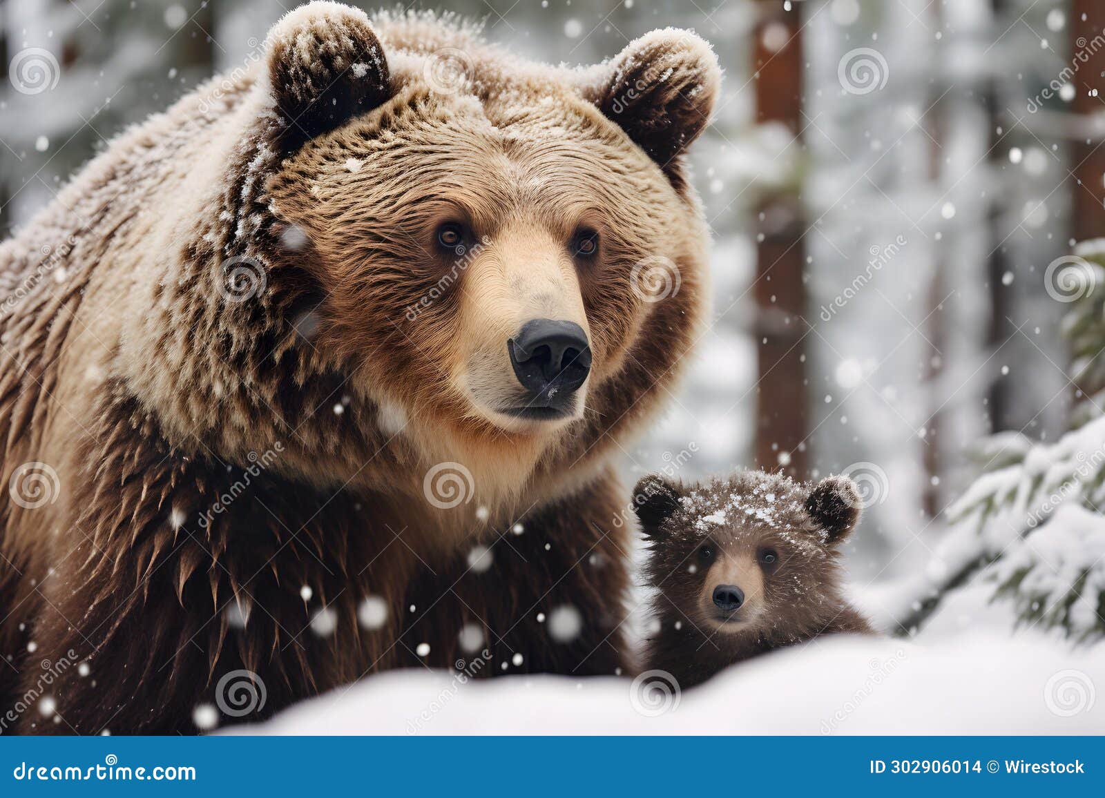 A Bear and Her Cub in the Snow Covered Forest Trees Stock Illustration ...
