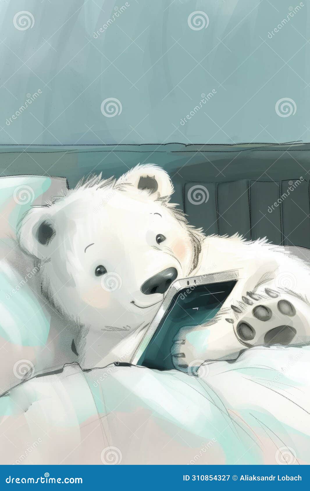 A Bear Lying on the Couch and Looking at a Smartphone. Illustration ...