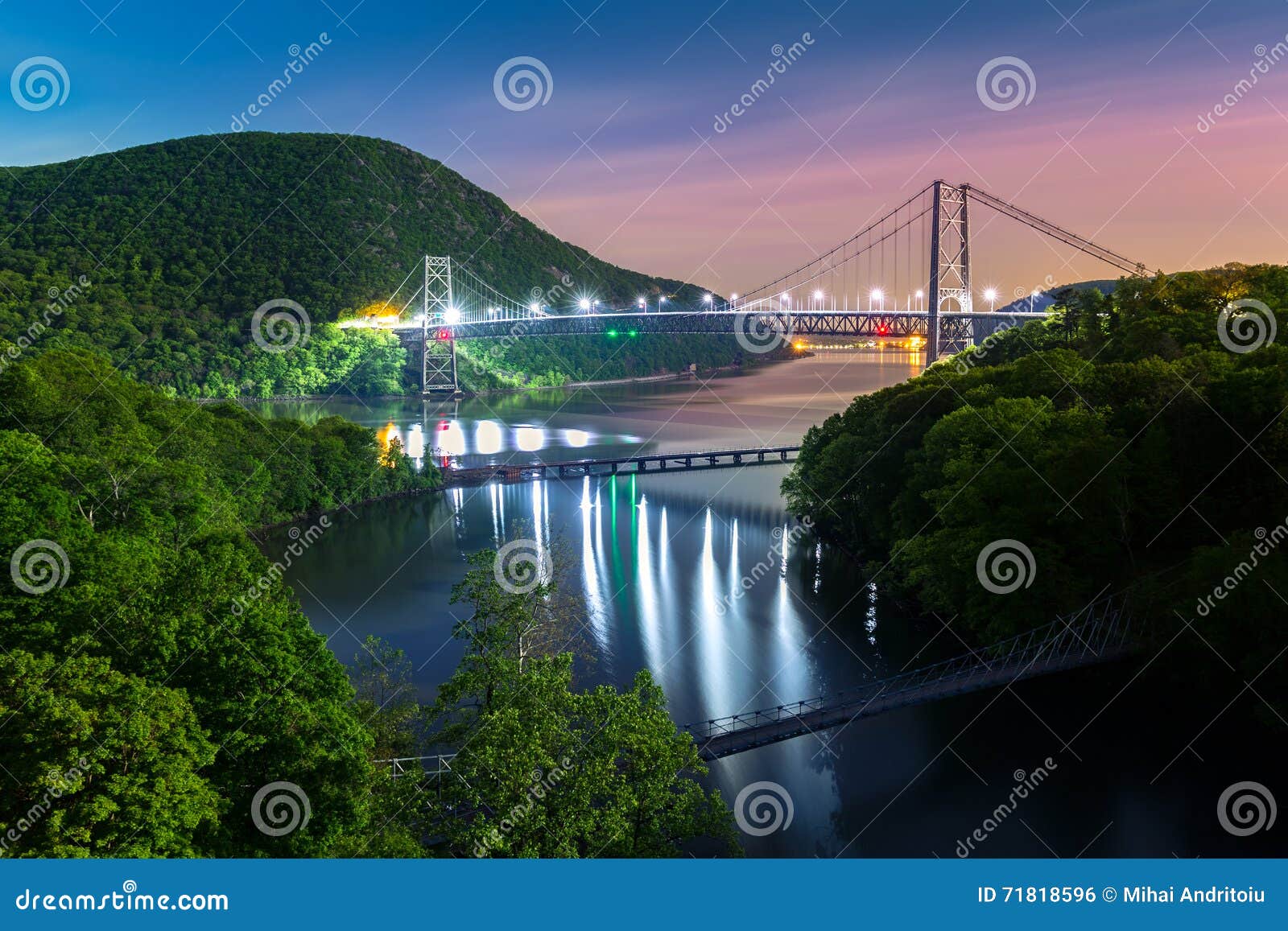 Bear Mountain Bridge Illuminated by Night Stock Photo - Image of river ...