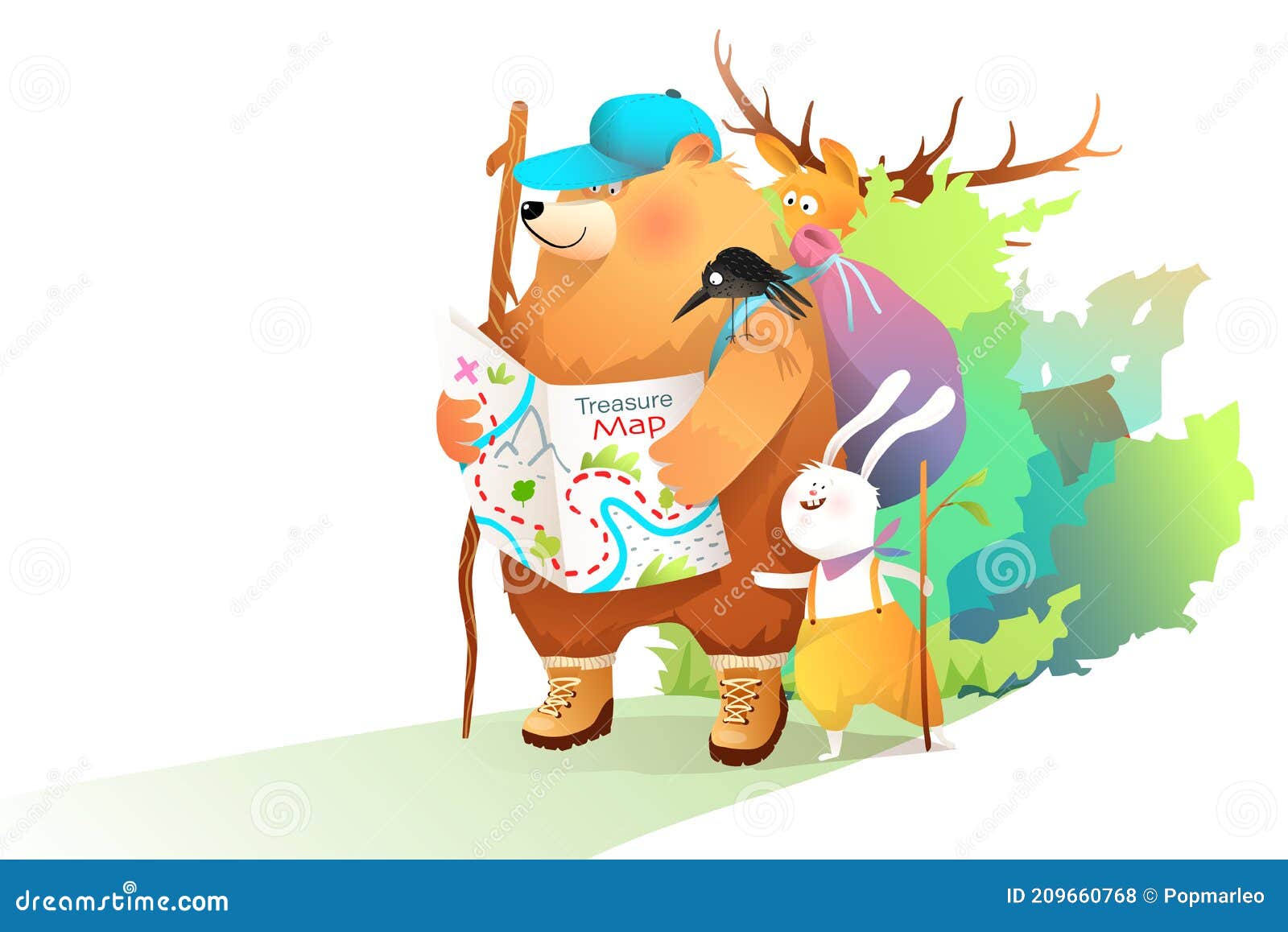 Bear and Rabbit Hiking with Map in Forest Stock Vector - Illustration ...