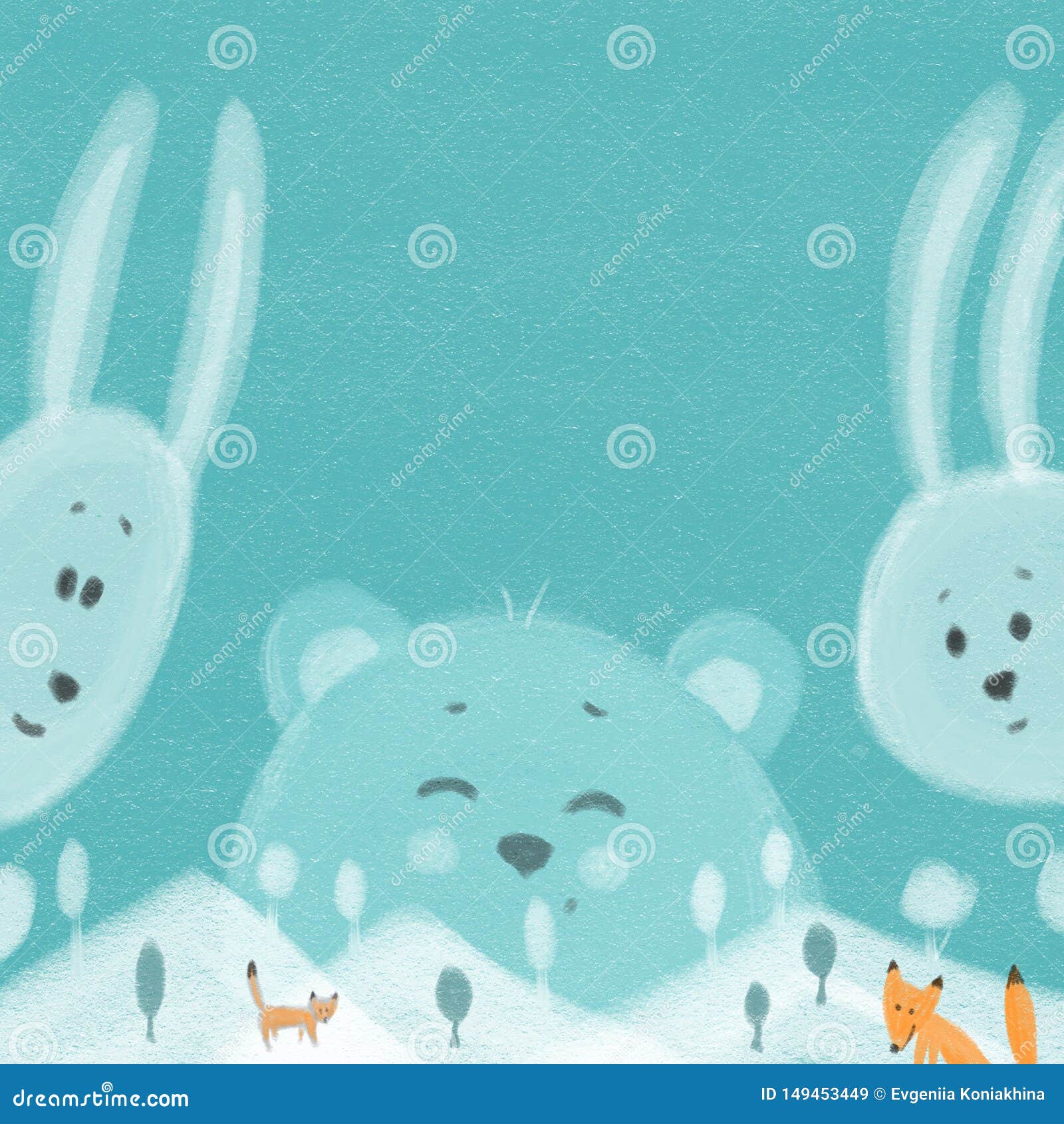 Bear and Rabbits on the Mountains on a Blue Background Stock ...
