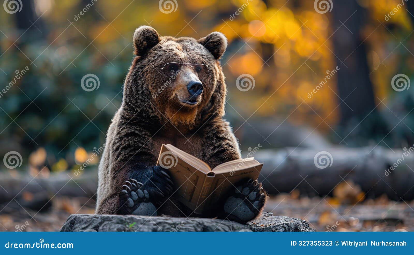 A Bear Reading a Book in the Forest Stock Illustration - Illustration ...