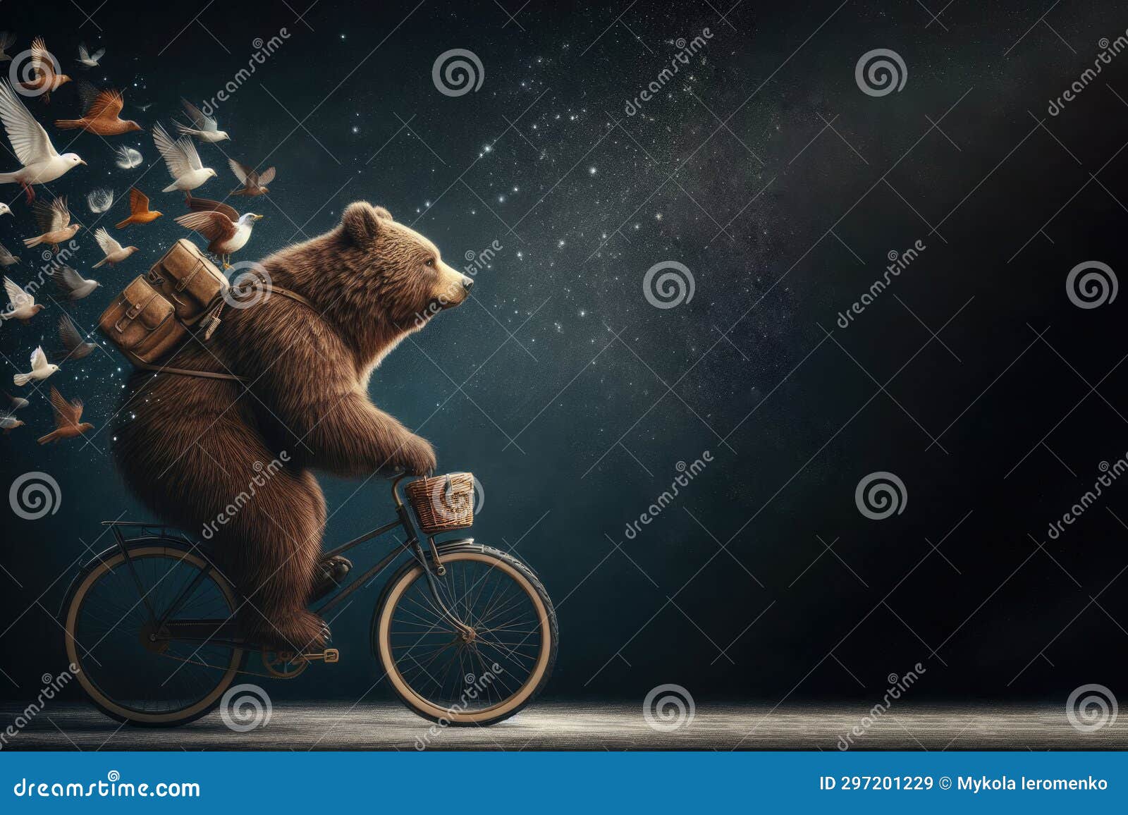 A Bear Rides a Bicycle with Flying Birds Behind Him. Space for Text ...