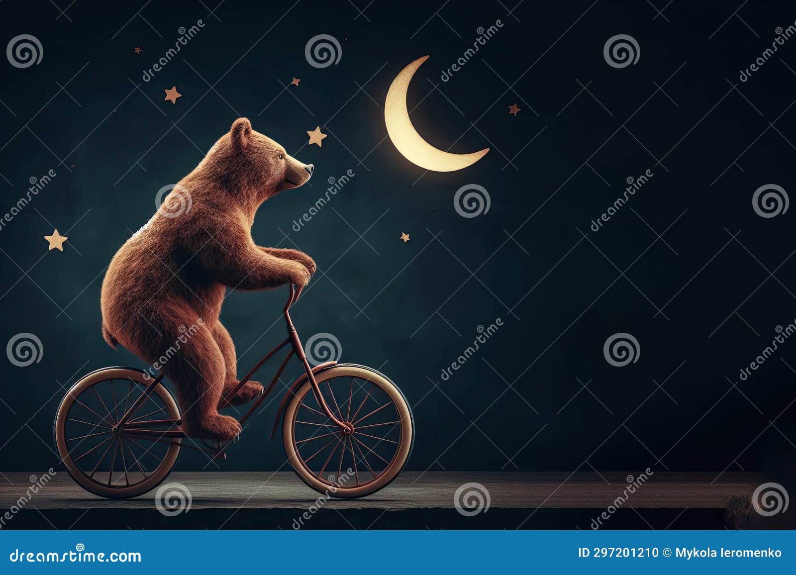 A Bear Rides a Bicycle Under the Moon and Stars. Place for Text. Stock ...