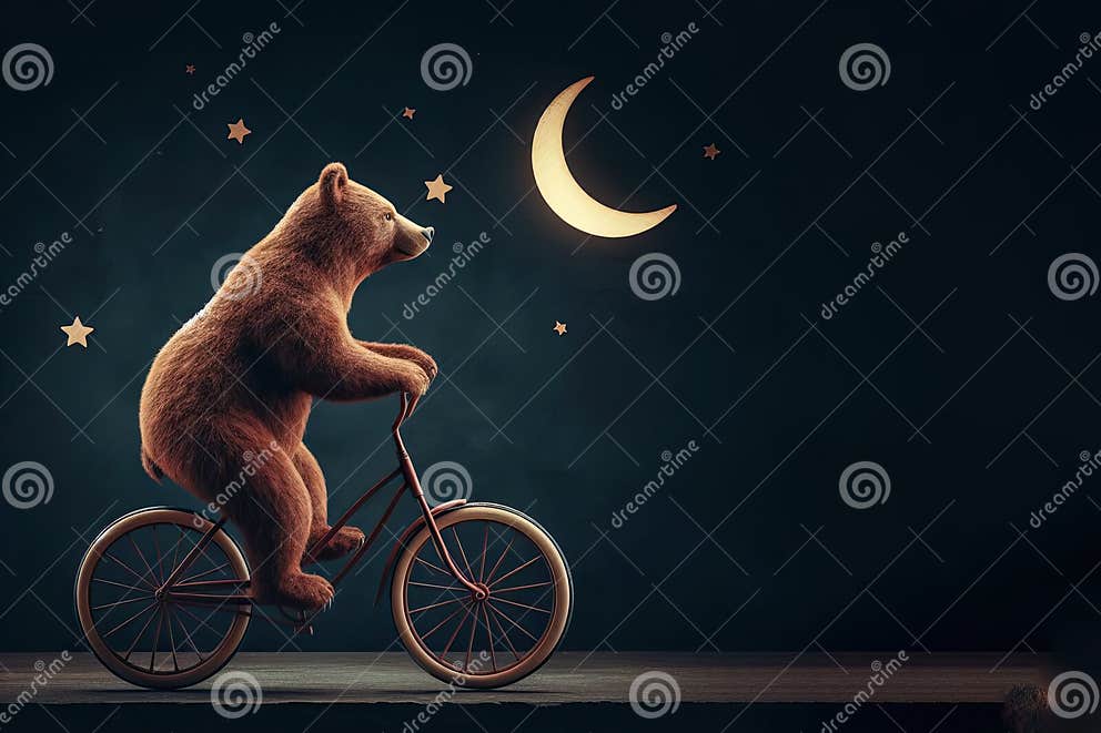 A Bear Rides a Bicycle Under the Moon and Stars. Place for Text. Stock ...