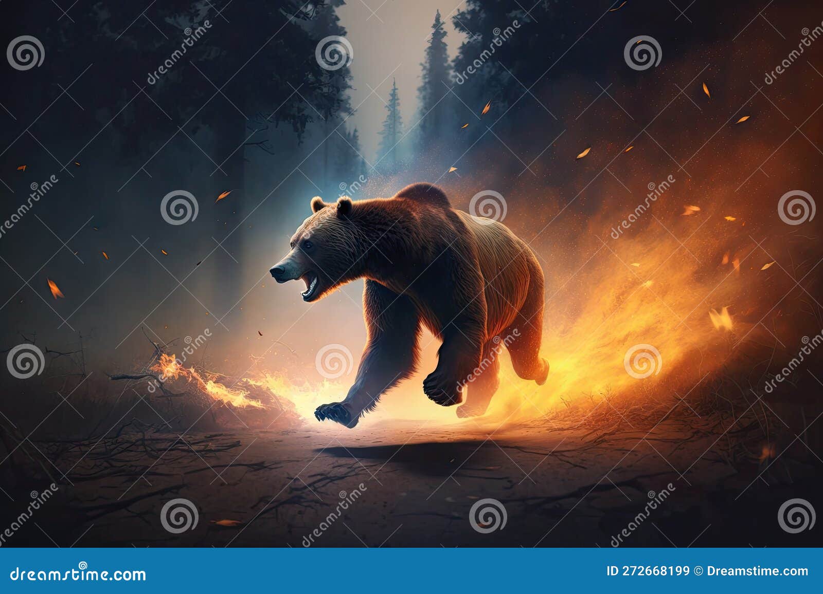 Bear Running from Burning Forest, Escaping the Flames Stock Image ...