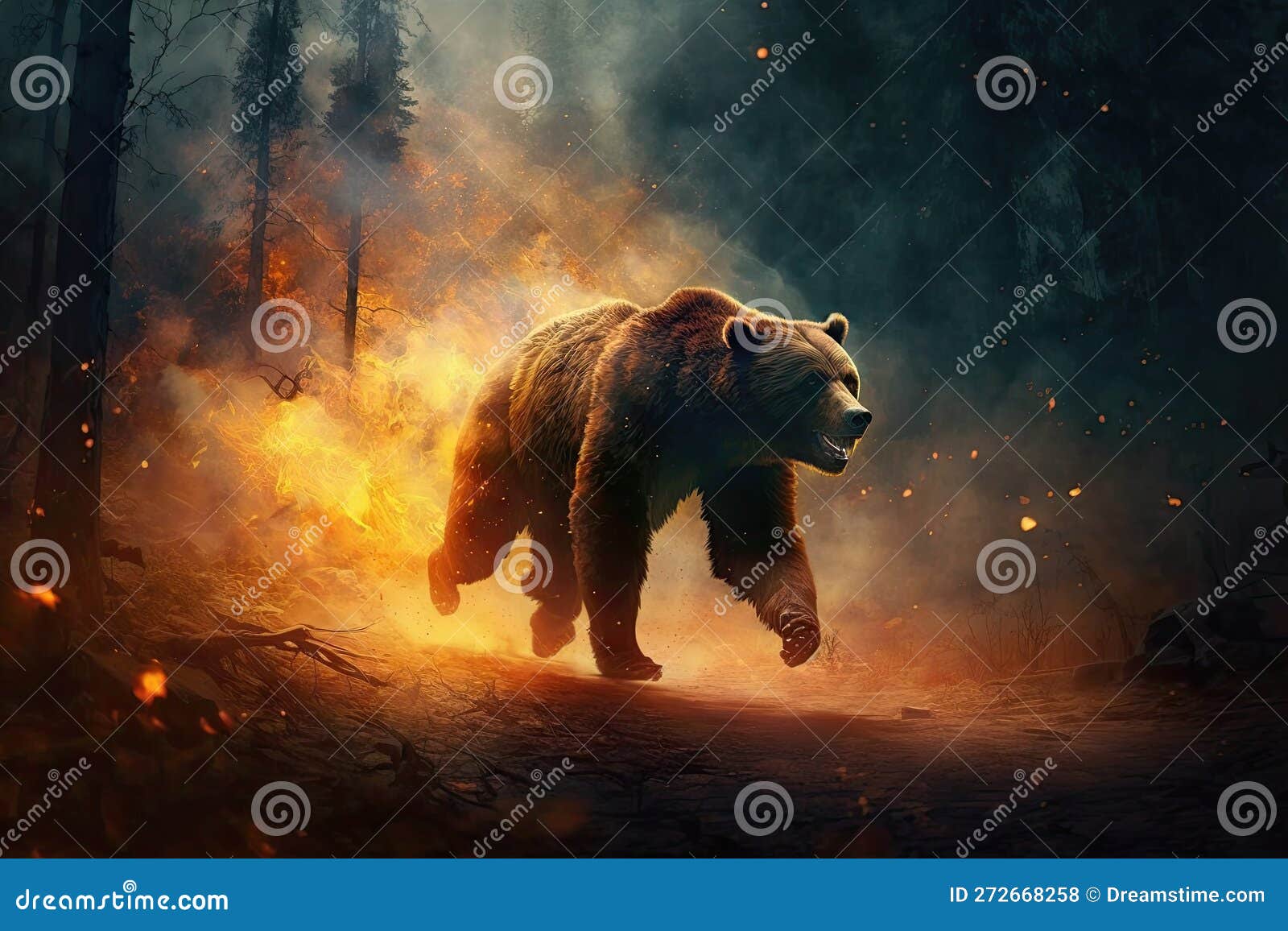 Bear, Running from Burning Forest Fire, with Flames and Smoke in the ...