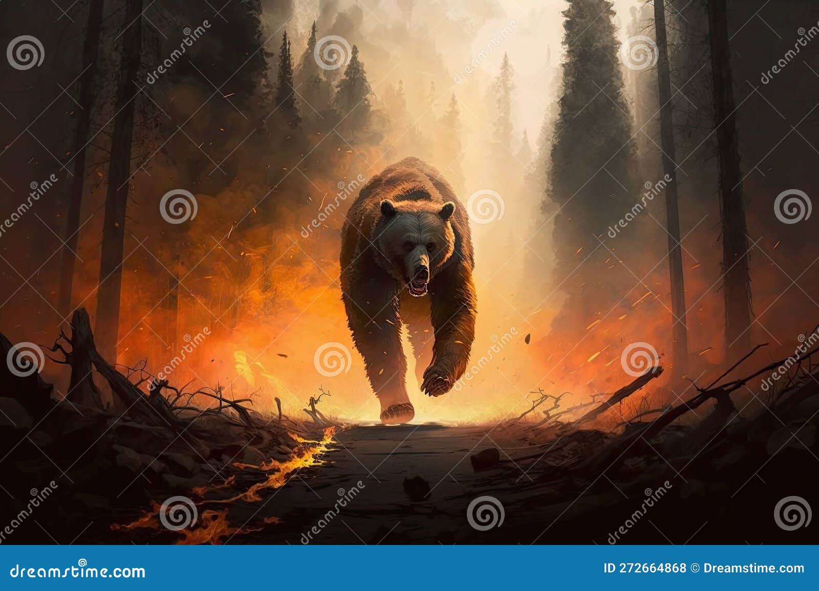 Bear, Running from Fire and Smoke, with Forest in Flames Behind it ...