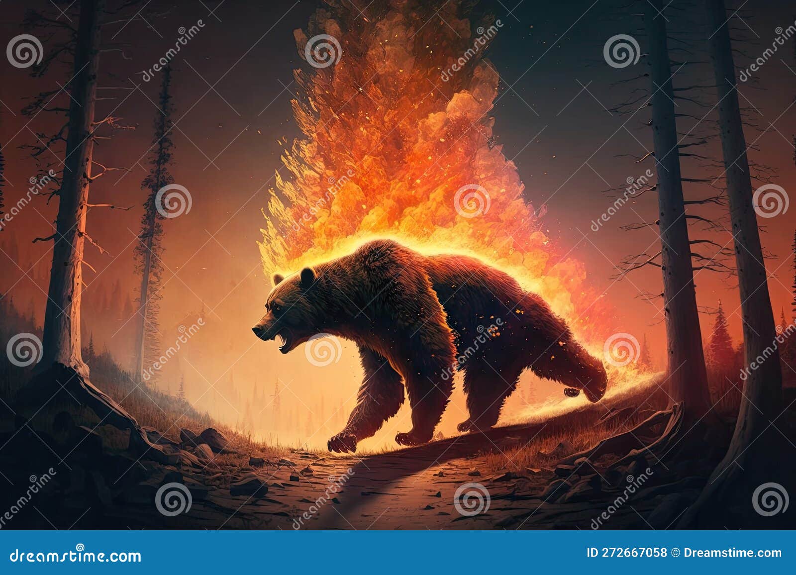 Bear, Rushing Past Burning Tree, Escaping from Forest Fire Stock Photo ...