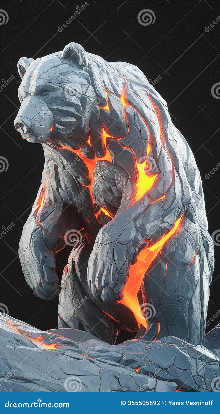 A Bear Sculpted From Cracked Volcanic Rocks And Glowing Embers Royalty ...