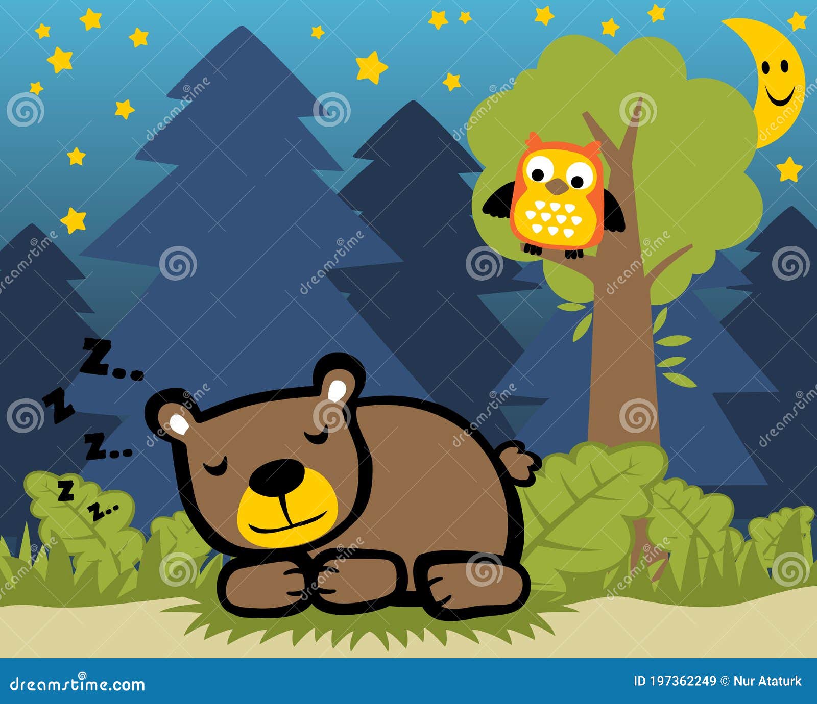 Cartoon Bear Sleeping on Trees Background Stock Vector - Illustration ...