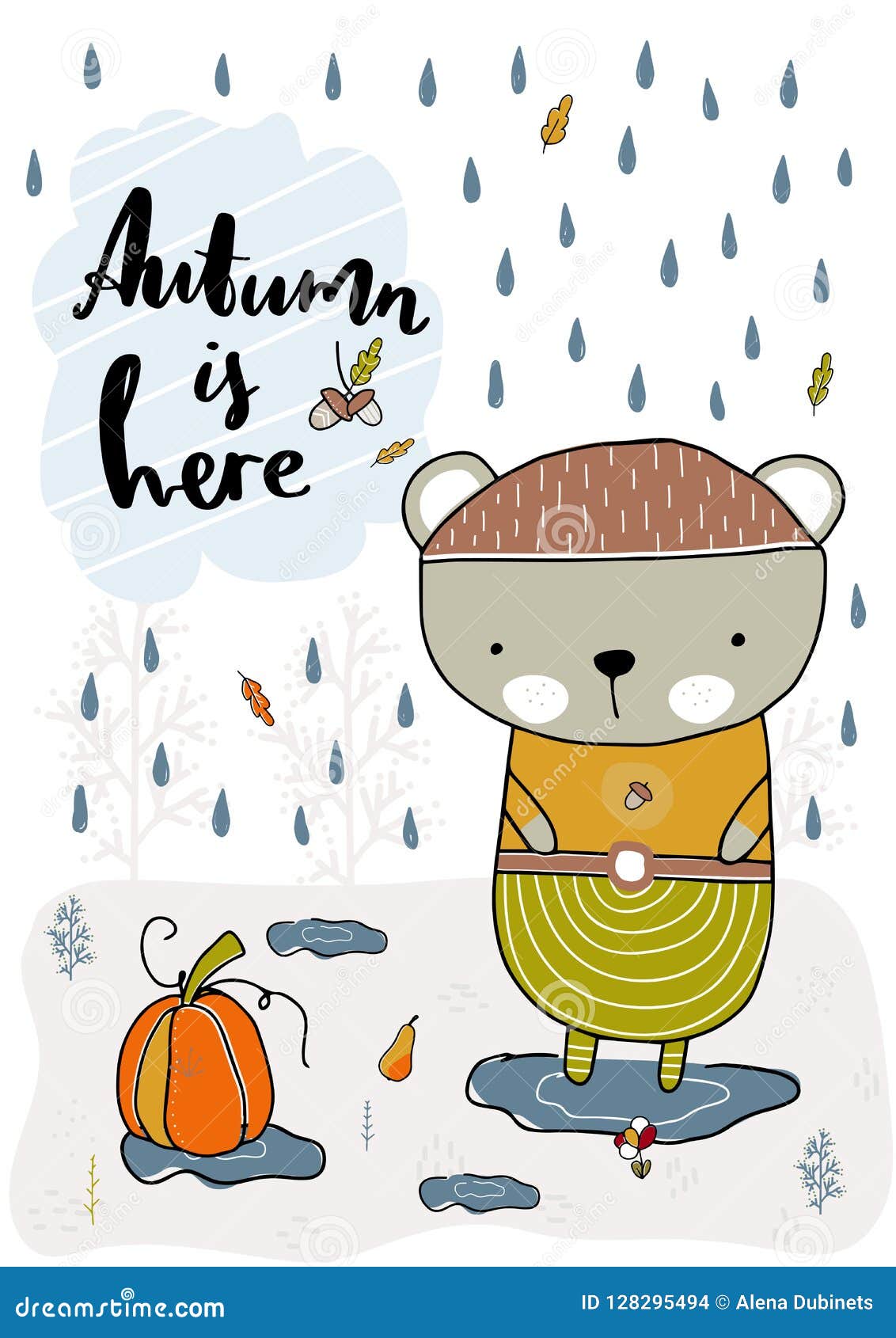 Bear Standing in the Rain in a Puddle. Fall, Autumn Illustration Stock ...