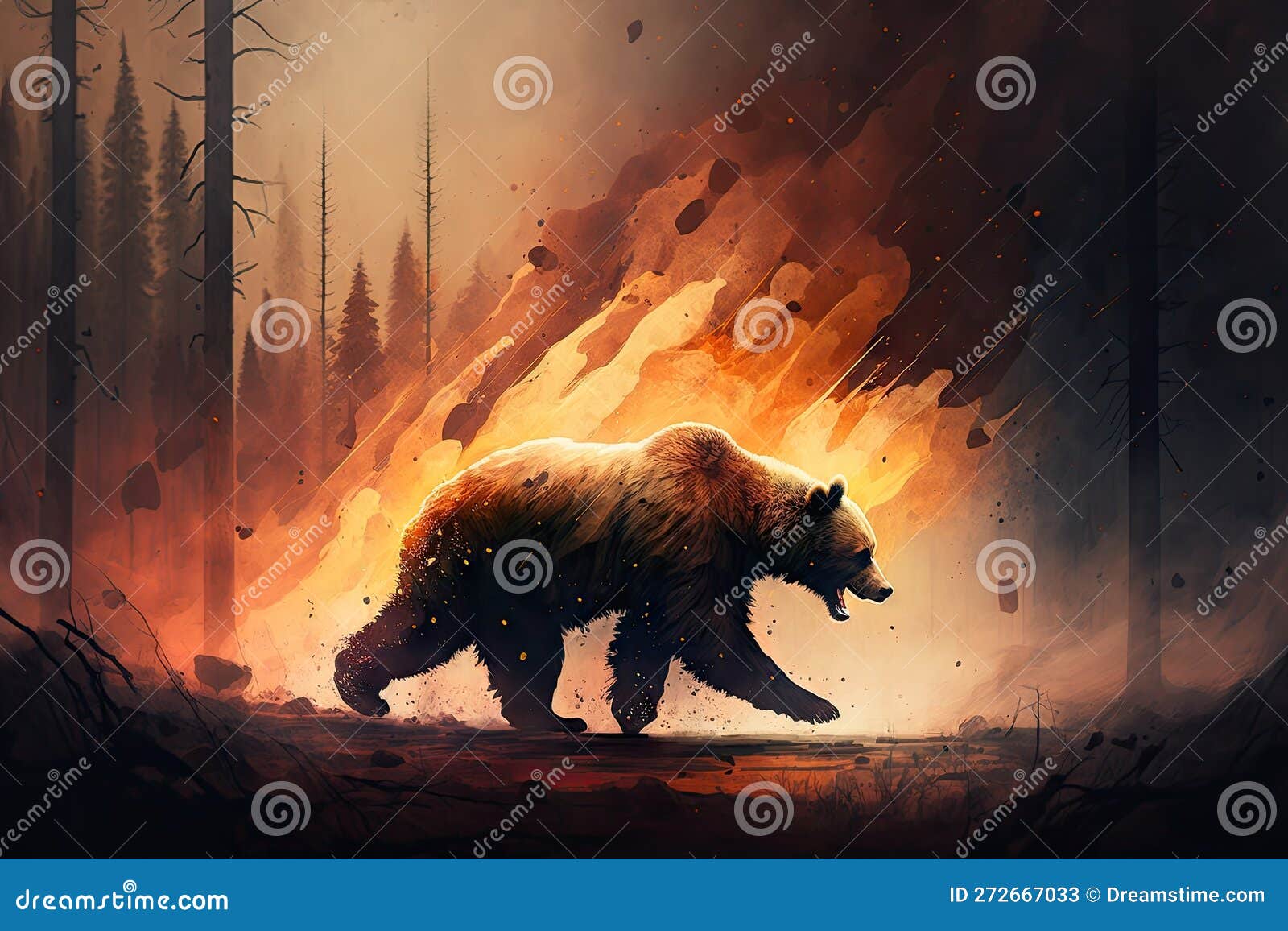 Bear Surrounded by Flames, Running through Burning Forest Stock Image ...